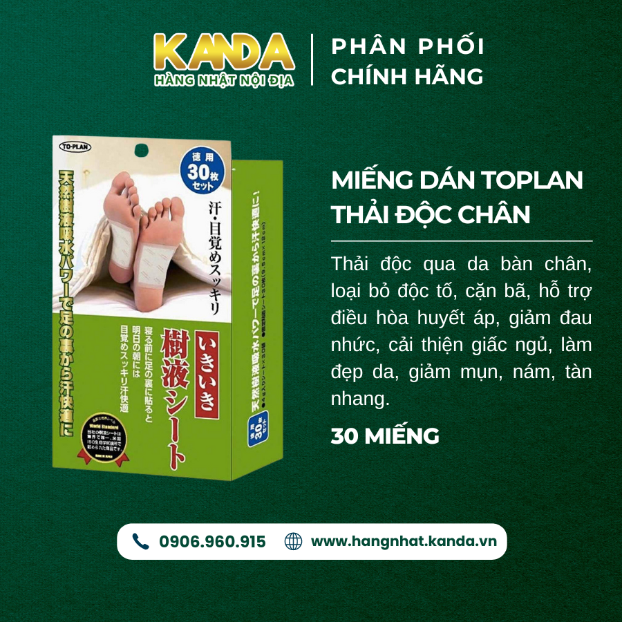 Miếng dán thải độc chân Toplan hộp 30 miếng - KANDA - Hàng Nhật Nội Địa