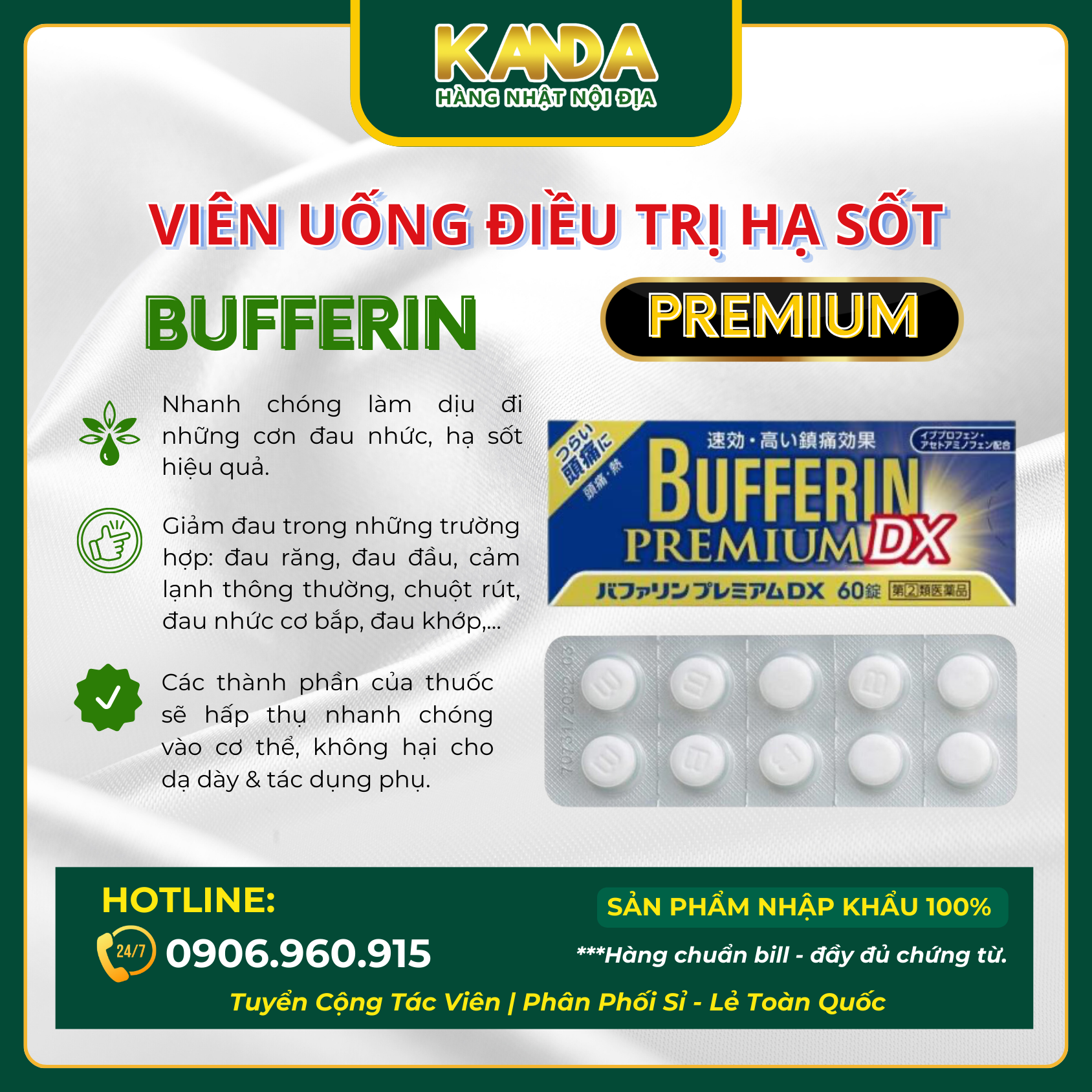 GIẢM ĐAU HẠ SỐT BUFFERIN 40 VIÊN - KANDA - Hàng Nhật Nội Địa