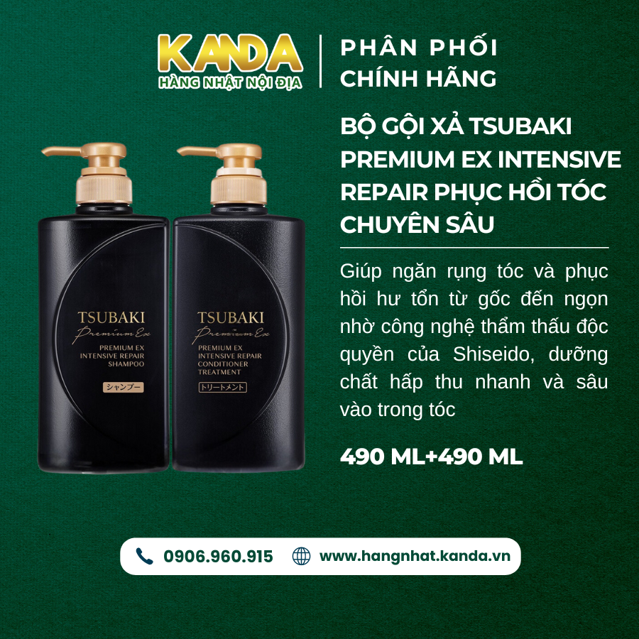 Dầu Gội & Xả Tsubaki Phục Hồi Hư Tổn Chuyên Sâu Premium Ex 490ml - KANDA - Hàng Nhật Nội Địa
